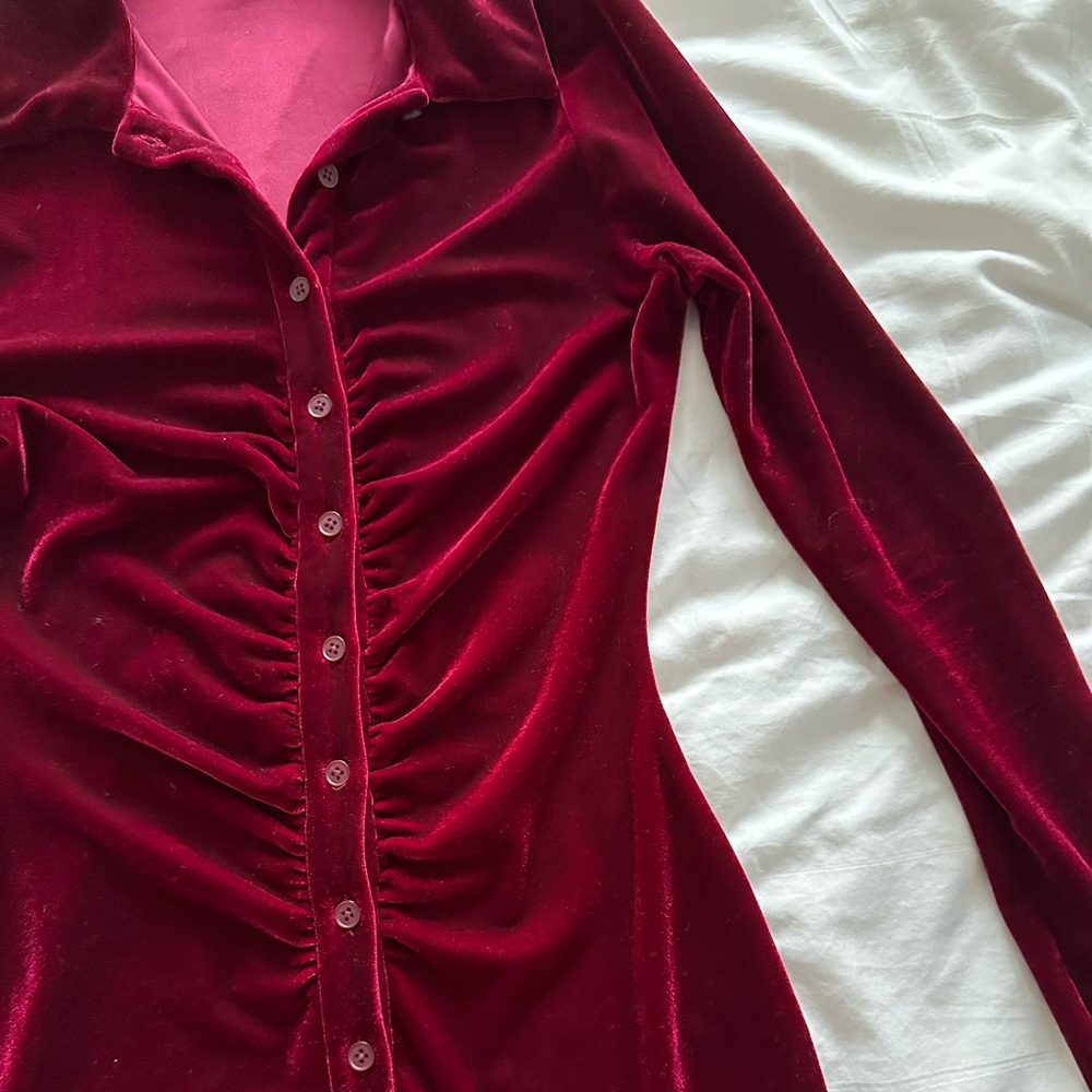 Reformation Isa Red Velvet Button Up Longsleeve Dress… - Gem